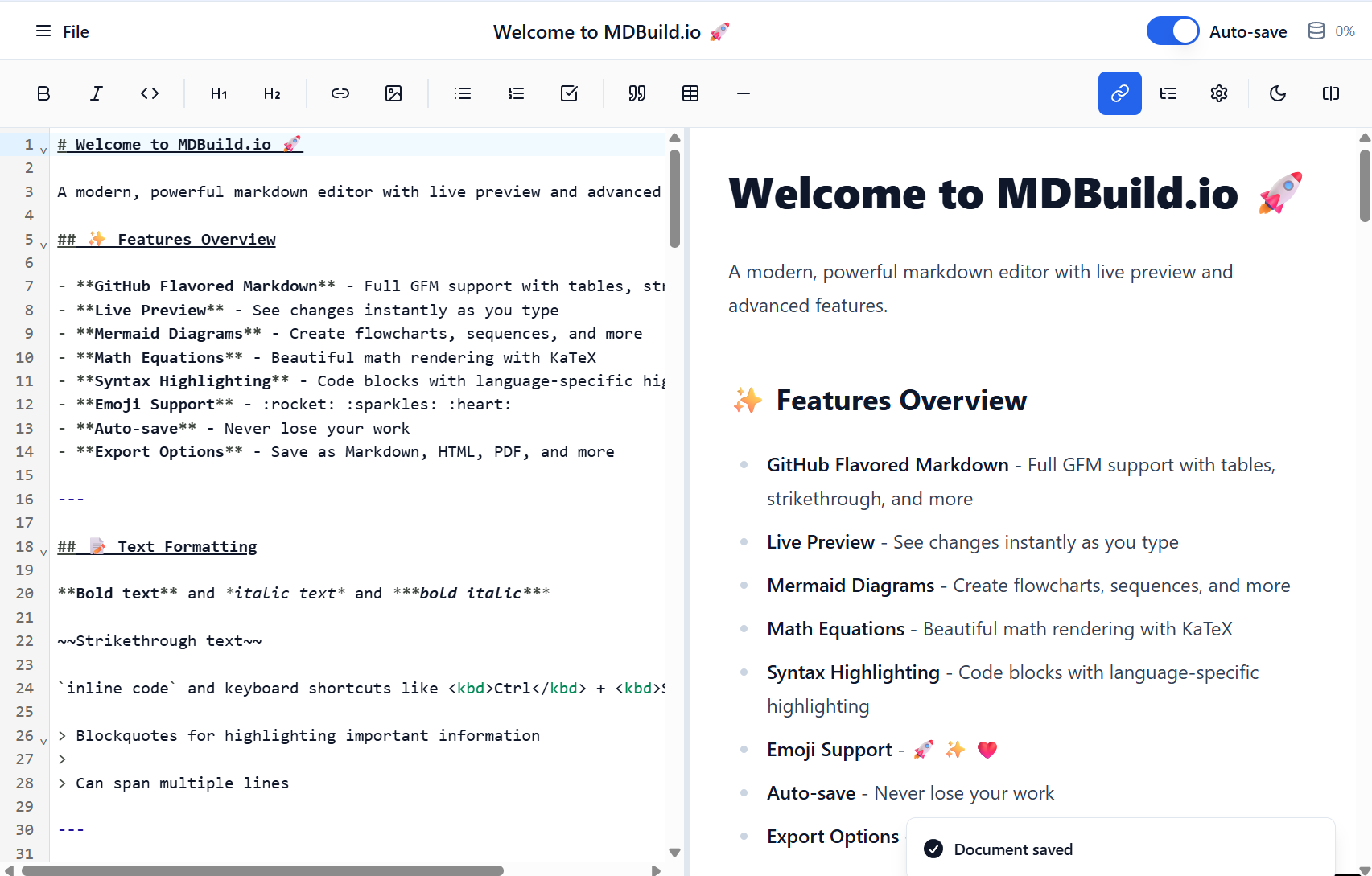 MDBuild.io - Modern Markdown Editor & Preview